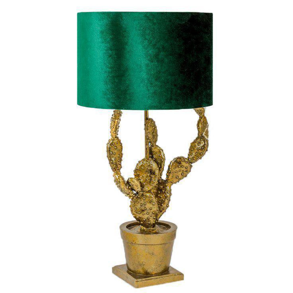 Gold Cactus Table Lamp With Green Velvet Lampshade | Beaumonde